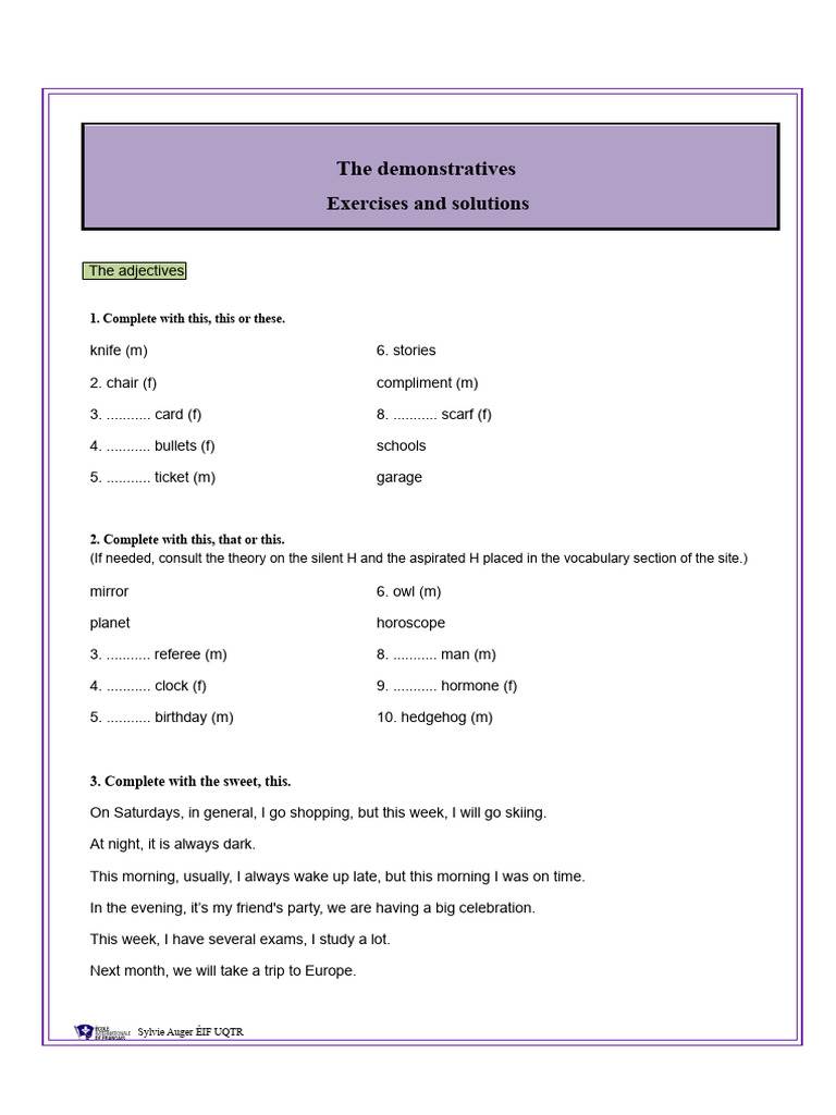 The Demonstratives Exercises and Corrections | PDF | Linguistic ...