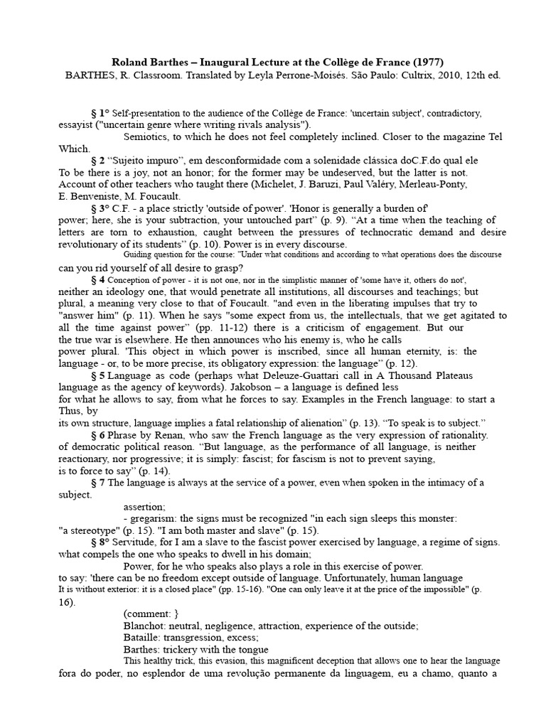 Barthes - Class | PDF | Semiotics | Deconstruction