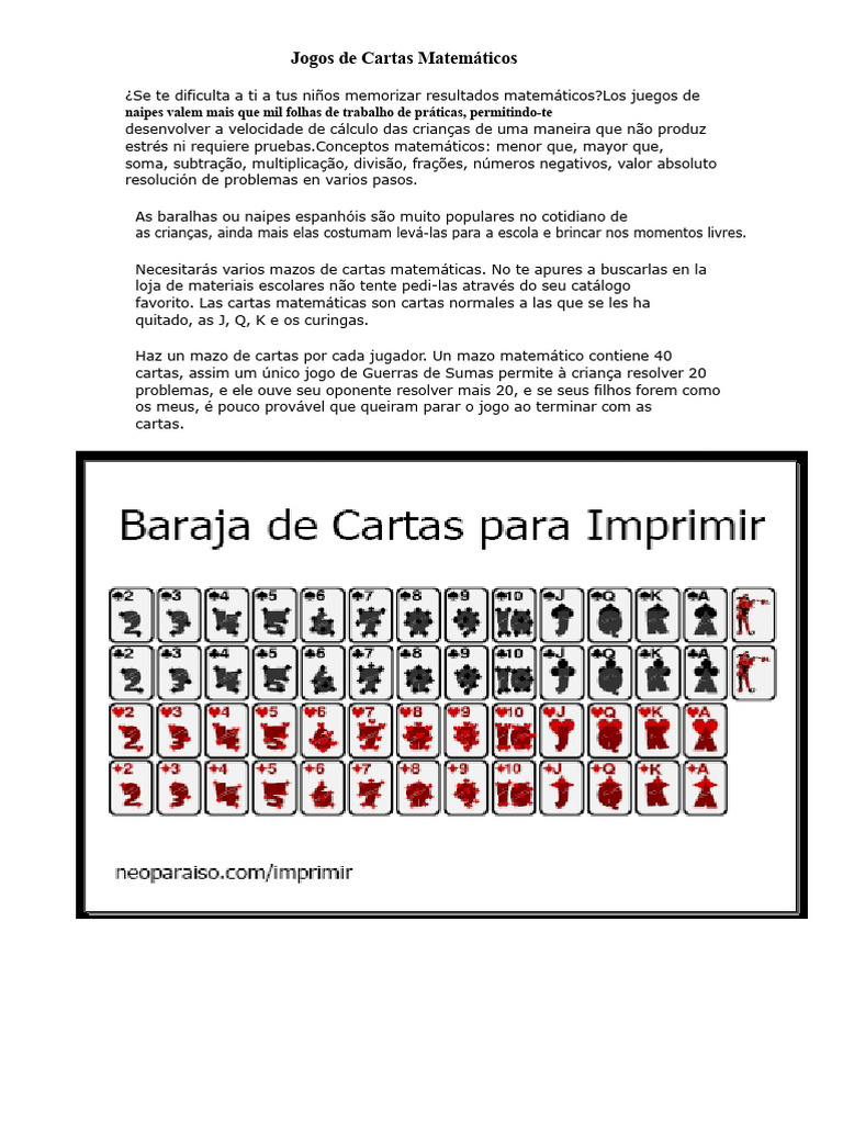 Jogos de Cartas para Aprender Matemática | PDF | Matemática | Cálculo
