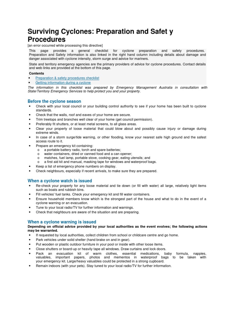 Surviving Cyclones: Preparation and Safet y Procedures: Before The ...