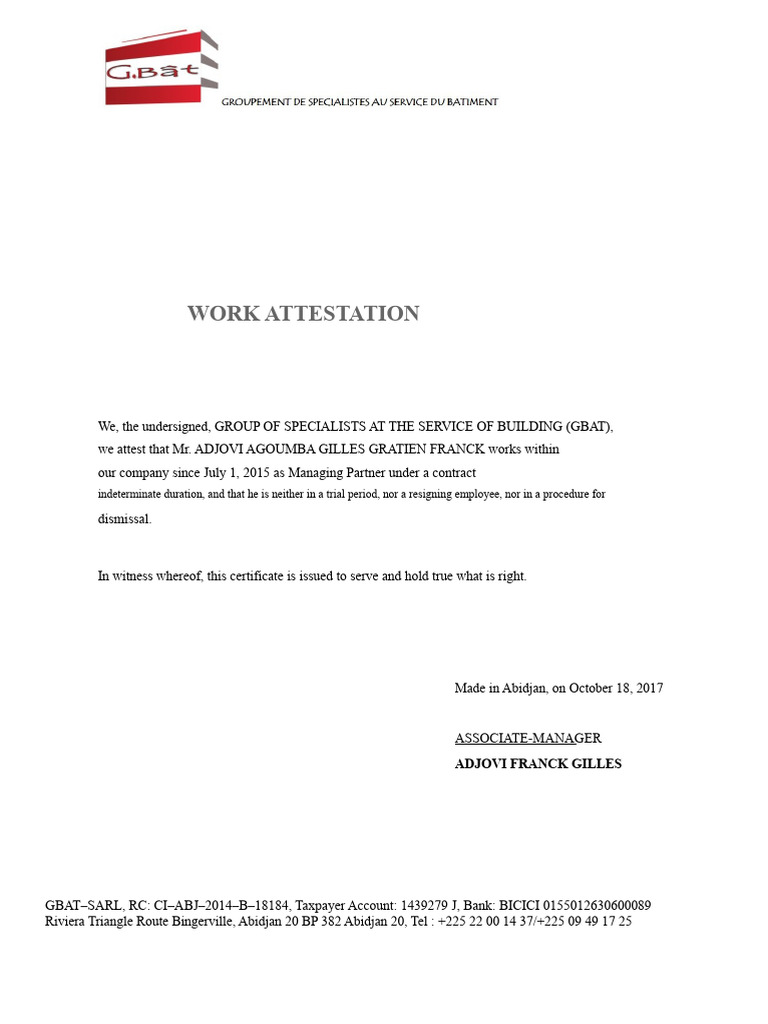 Work Certificate Franck Adjovi | PDF