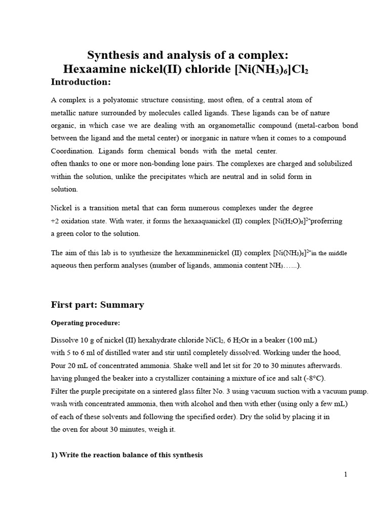 Synthesis and Analysis of Hexamine Nickel Chloride 2017 | PDF ...