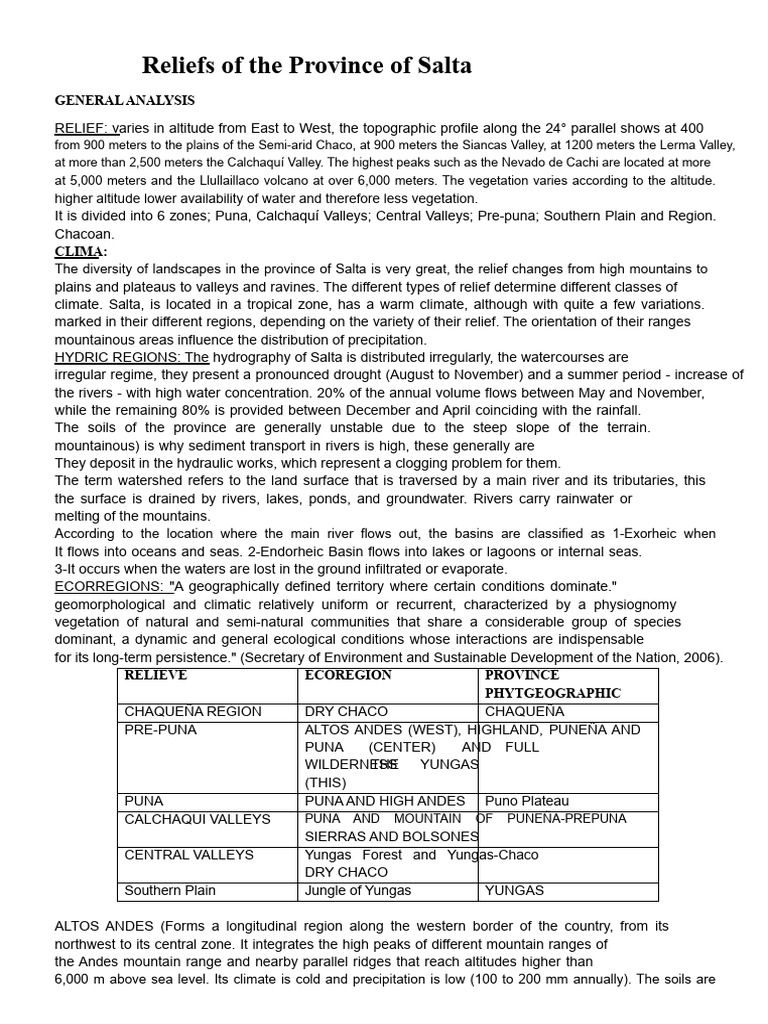 Salta Province Relief and Climate Overview | PDF | Andes | Physical ...