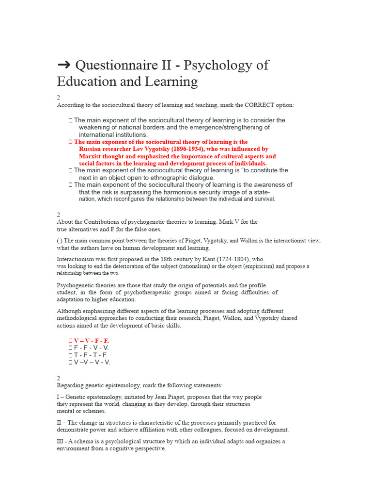 Sociocultural Learning Theories Questionnaire | PDF | Cognition | Learning