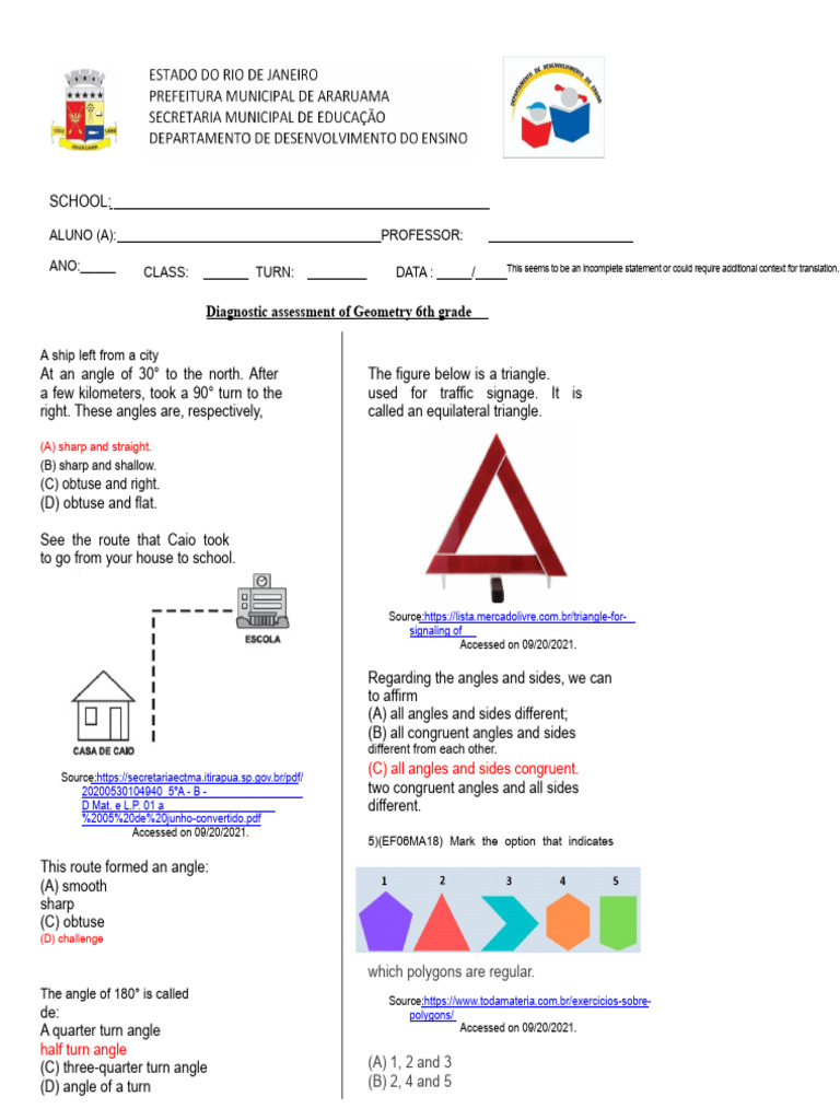 6th grade - geometry - diagnostic assessment | PDF | Triangle | Area