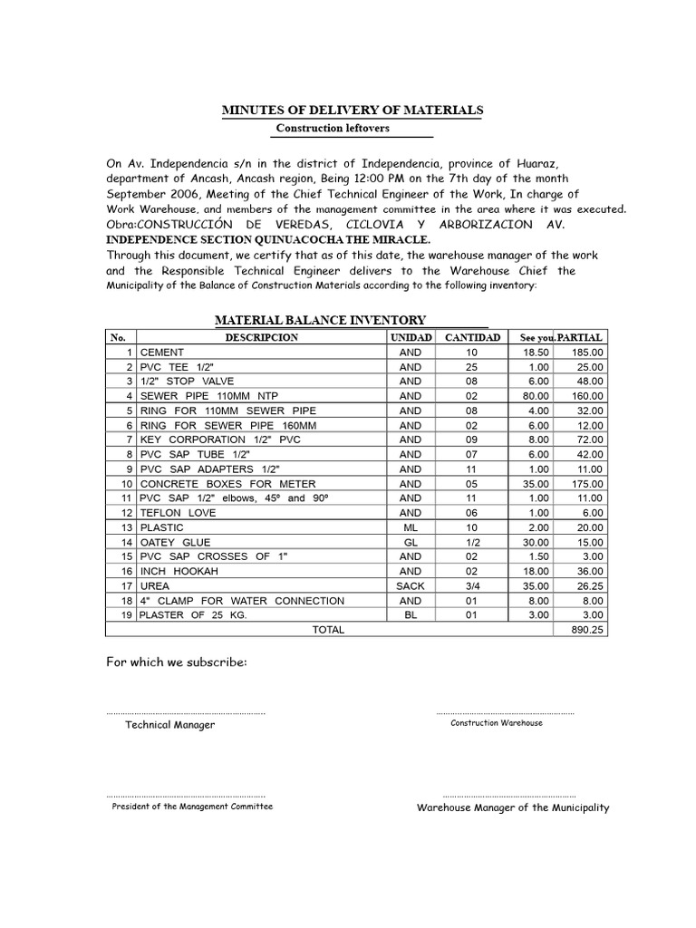 Materials Handover Record | PDF | Materials | Building Engineering