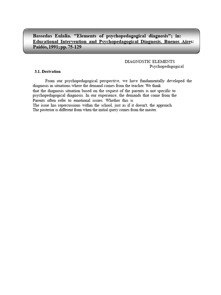 DERIVATION - Psychopedagogical Diagnosis - Bassedas | PDF | Teachers ...