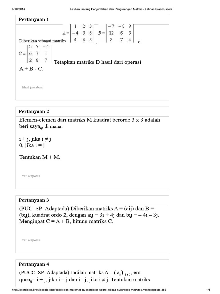 Latihan tentang Penjumlahan dan Pengurangan Matriks - Latihan Brasil Sekolah.pdf | PDF