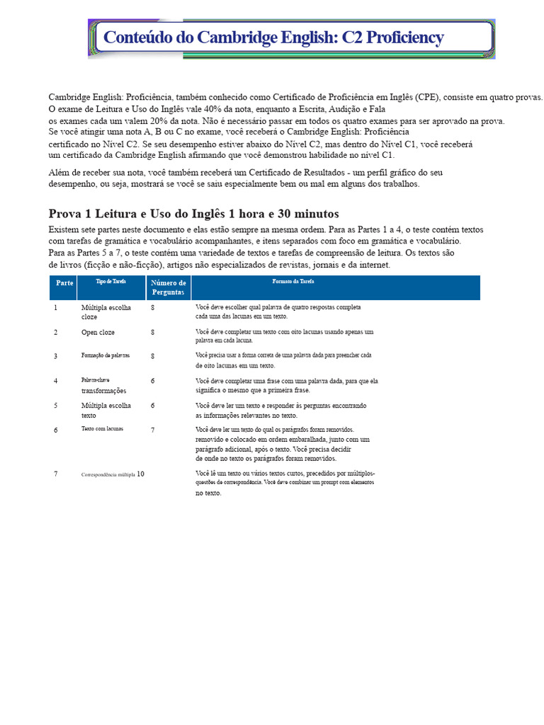Estrutura do Exame Cambridge C2 Proficiency | PDF