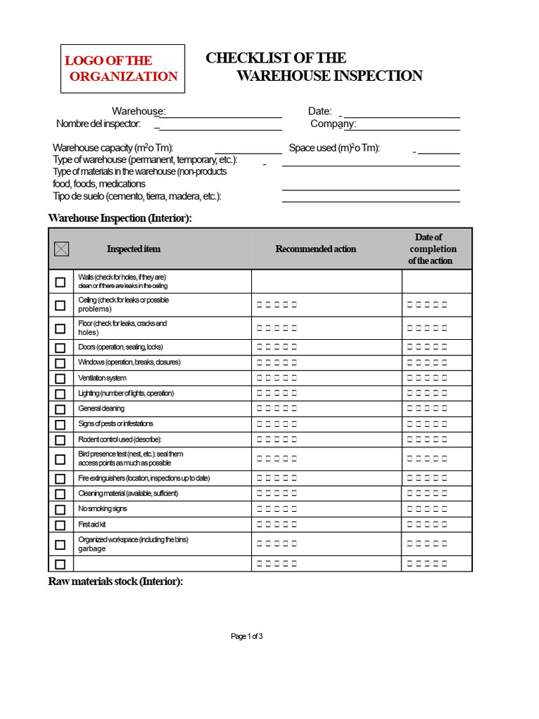 TEMPLATE - Warehouse Inspection Checklist | PDF | Pallet