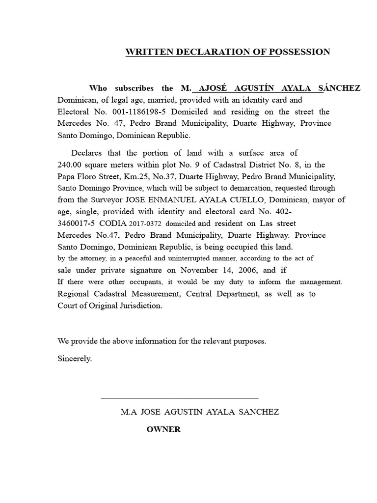 Written Declaration of Possession | PDF