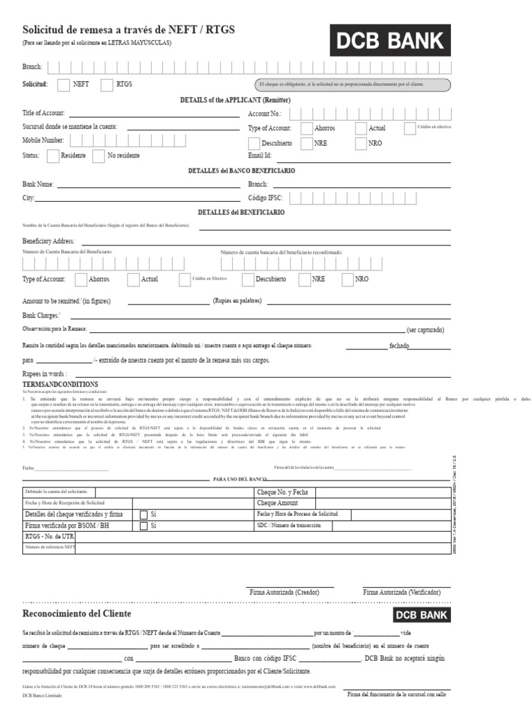 Formulario NEFT-RTGS | PDF | Cheque | Bancos