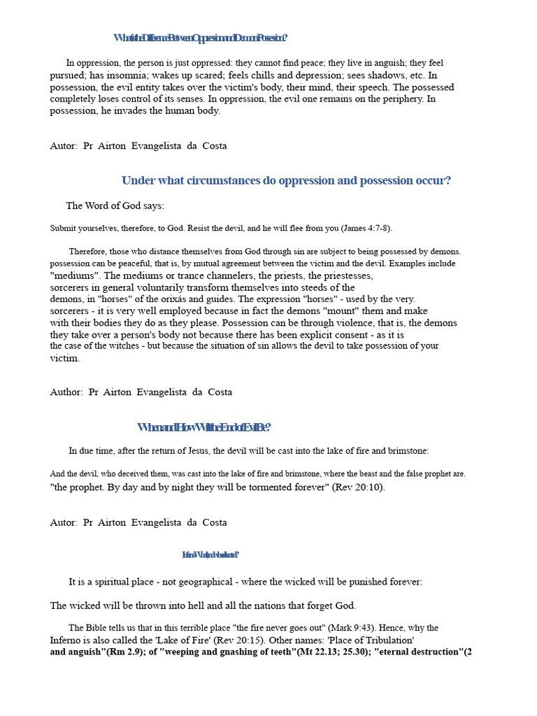 DEMONOLOGY What is the Difference Between Oppression and Demonic Possession | PDF | Satan | Hell