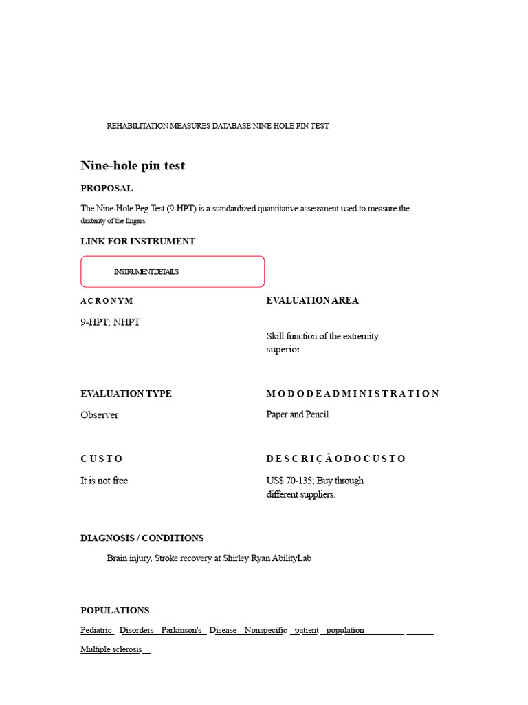 Nine-hole peg test _ RehabMeasures database | PDF | Traumatic Brain ...