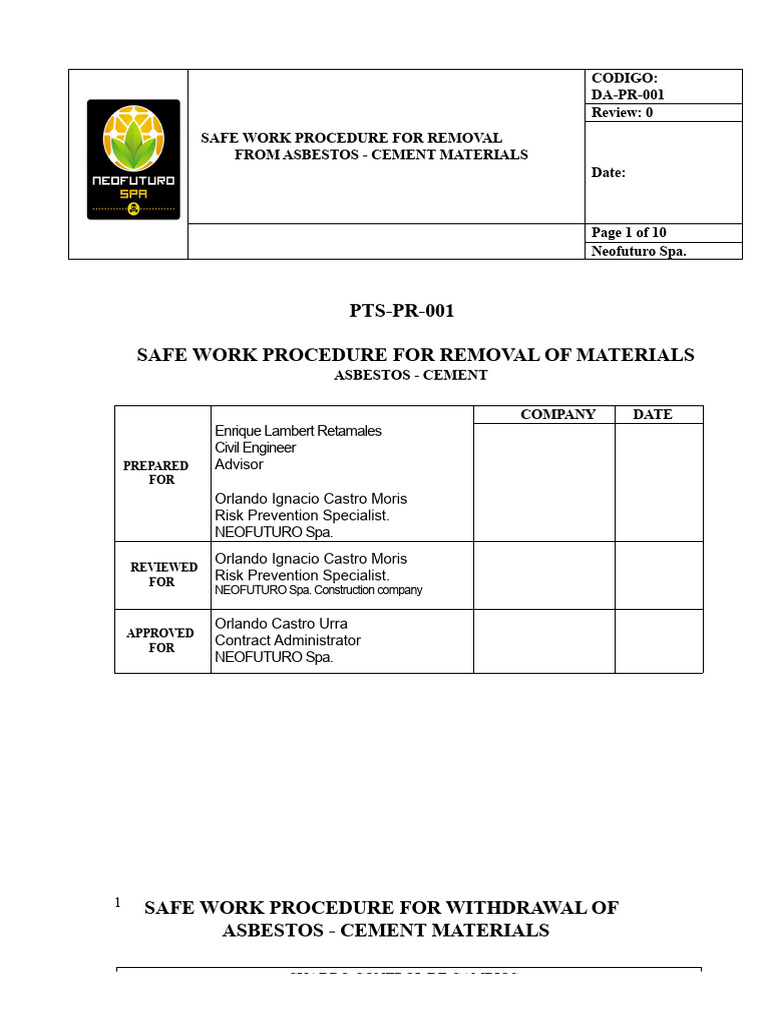 PTS-PR-001 Safe Work Procedure For Asbestos Removal (OK) | PDF | Waste ...