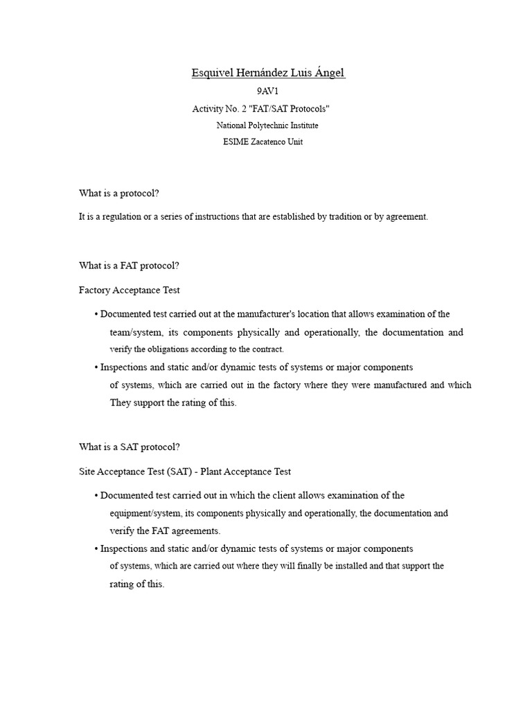 FAT and SAT Protocol | PDF | Verification And Validation