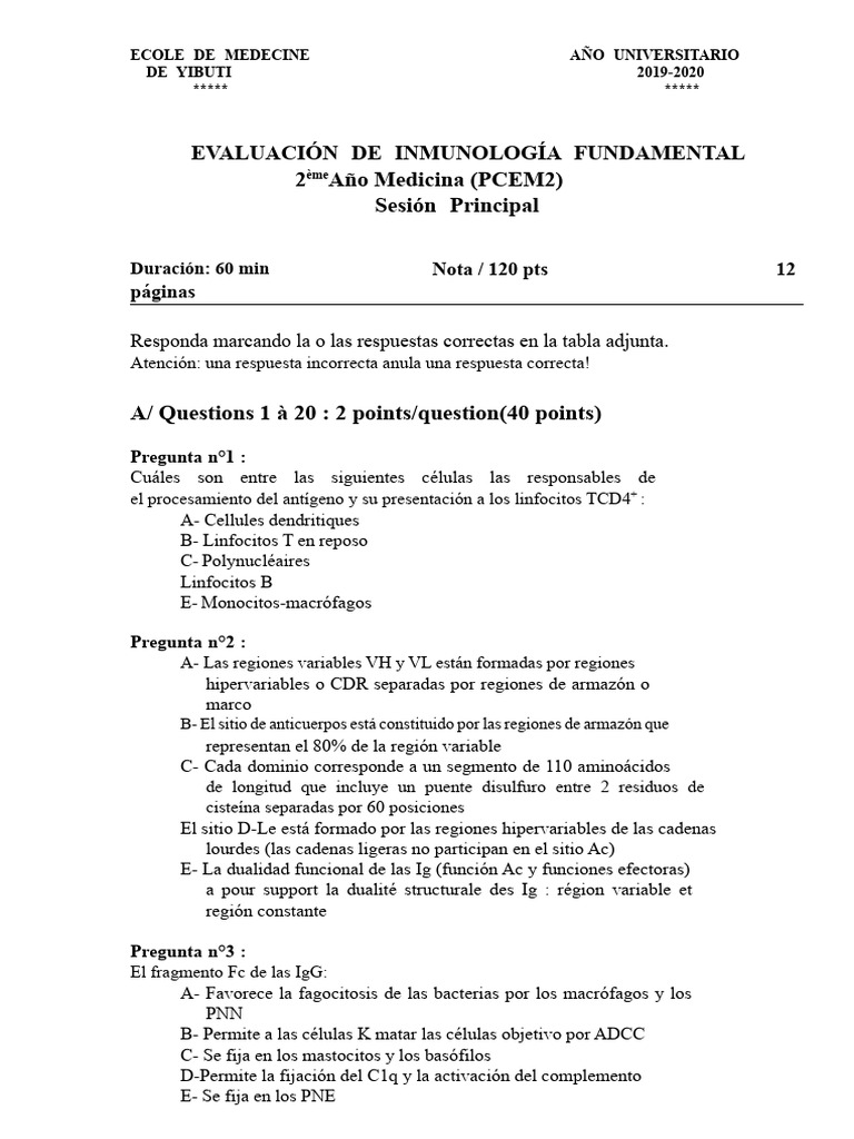 Examen 2º Año Medicina Djibouti Junio 2020 2 | PDF | Anticuerpo | Citocina