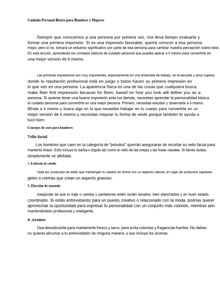 Cuidado Personal Básico para Hombres y Mujeres | PDF | Apariencia humana