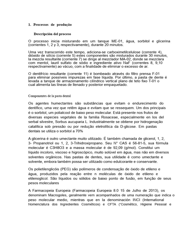 Processos de Produção da Pasta de Dente | PDF | Solubilidade | Química