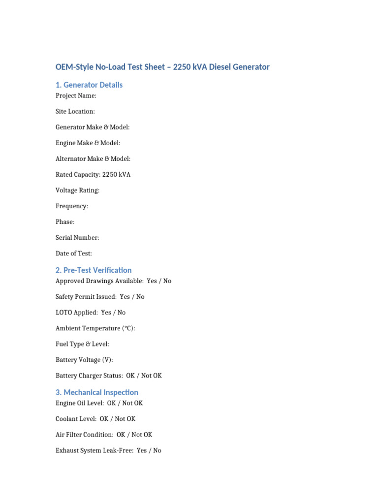 2250 kVA Diesel Generator Test Sheet | PDF