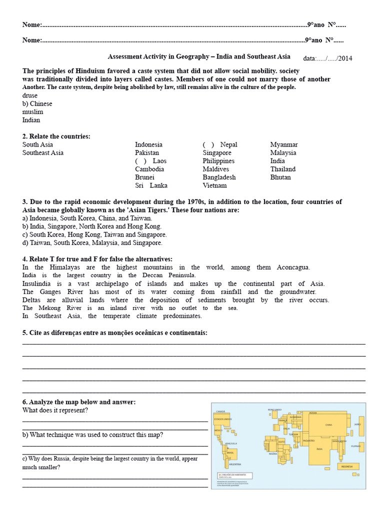 Geography Assessment 9th Grade India Pakistan South Asia Insulindia ...