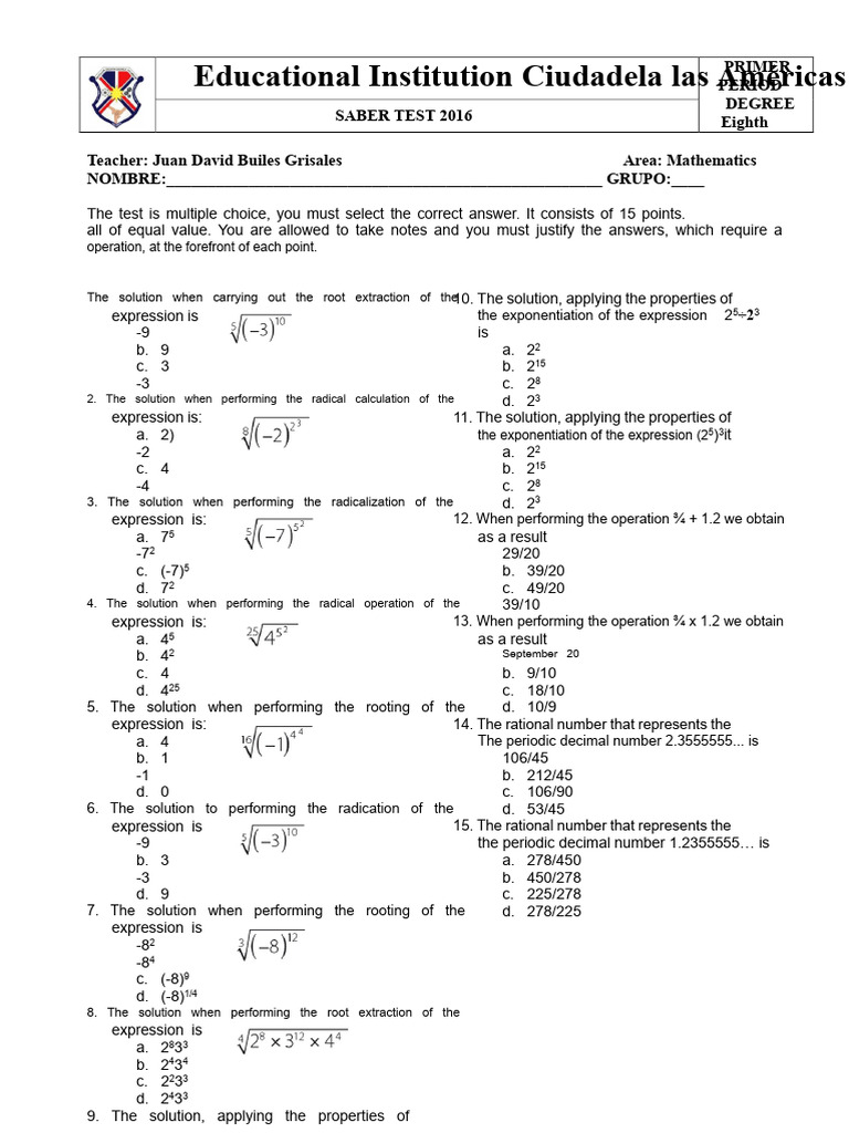 Eighth Grade Math SABER Test 2016 | PDF | Numbers | Number Theory