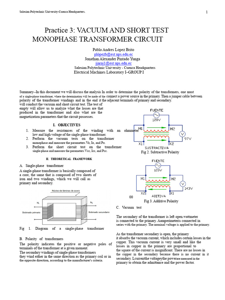 Practice 3: Open Circuit and Short Circuit Test of a Single-Phase ...