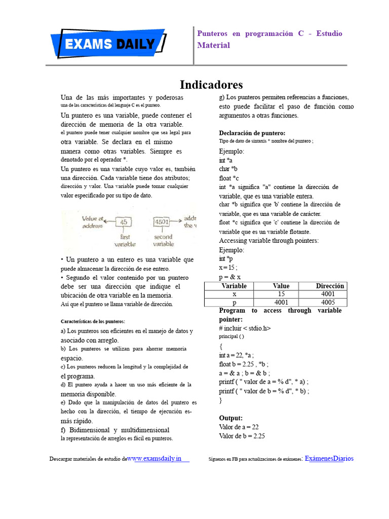 Punteros en programación en C - Material de estudio | PDF | Puntero (Programación de computadora ...
