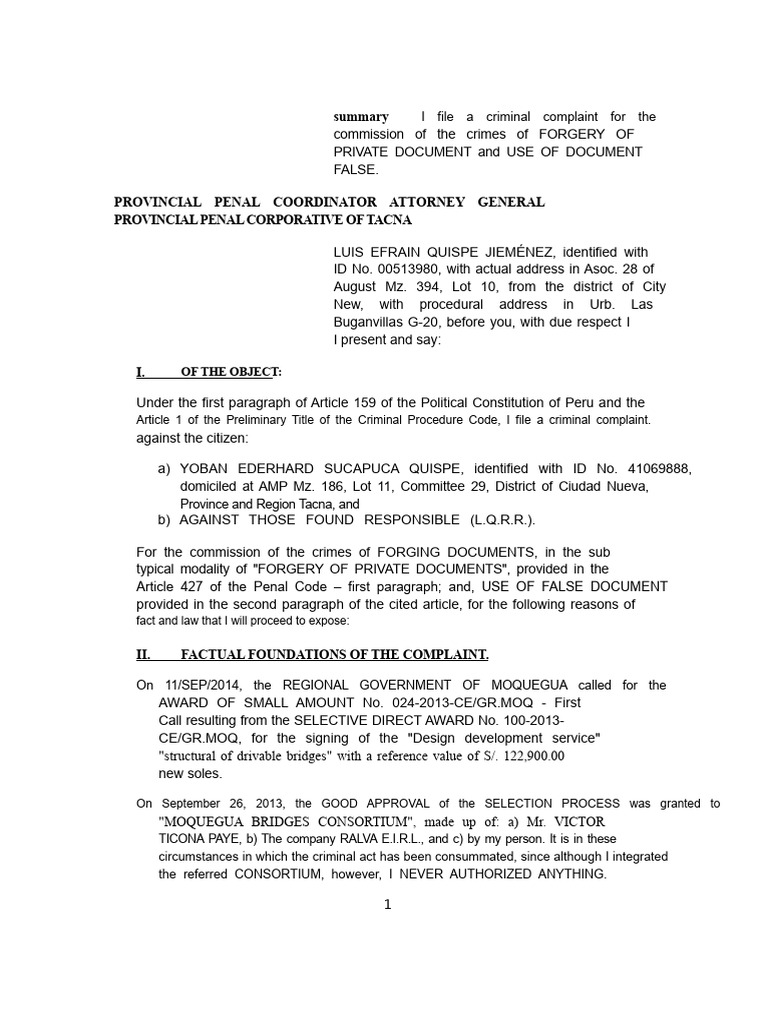 2. REPORT OF SIGNATURE FORGERY AND USE OF FALSE DOCUMENT. LUIS QUISPE ...