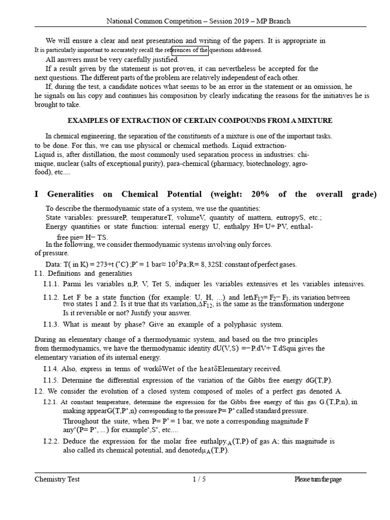 cnc-mp-2019-chemistry-exam | PDF | Gibbs Free Energy | Enthalpy