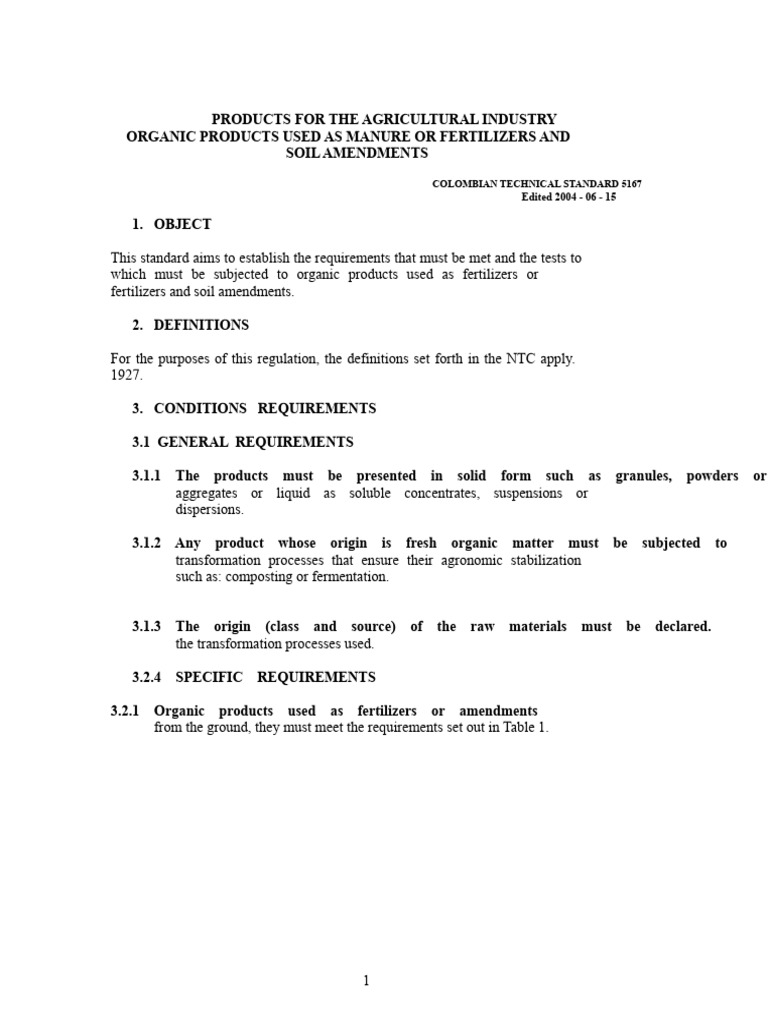 NTC 5167 Sections 1.1 Standard for Organic Amendments and Fertilizers | PDF | Fertilizer ...
