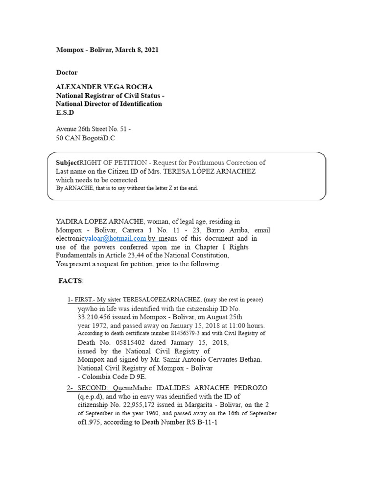 request for correction of ID and posthumous civil registration (4 ...