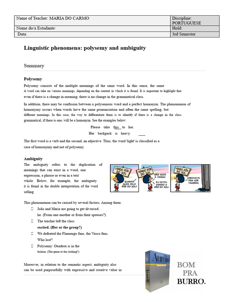 Polysemy and Ambiguity Exercise Eja August 2022 | PDF | Word | Ambiguity