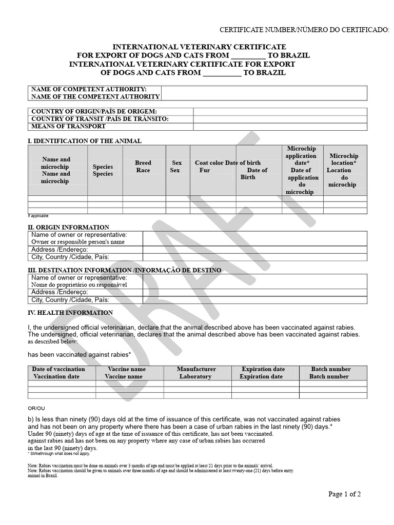 International Vet Certificate for Pets to Brazil | PDF | Rabies | Vaccines