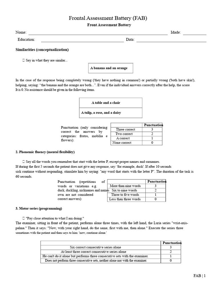 Frontal Assessment Battery - FAB | PDF | Executive Functions | Brain