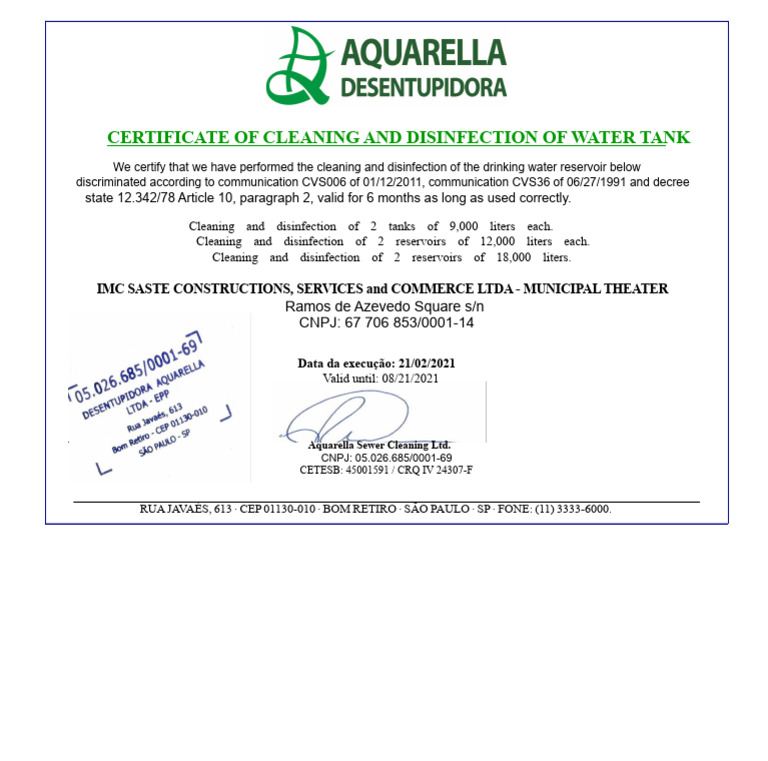 Water Reservoir Cleaning Certificate | PDF