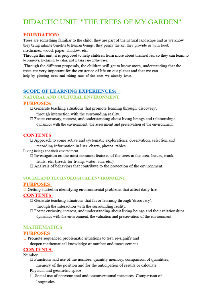 TEACHING UNIT THE TREES IN MY GARDEN | PDF | Communication | Narrative