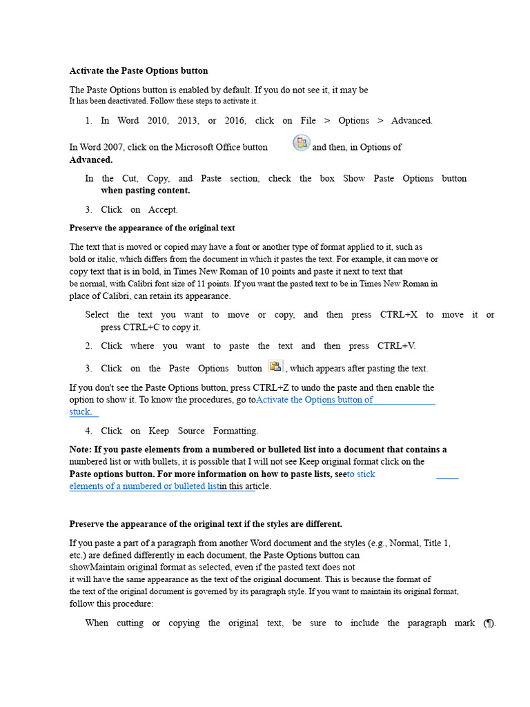 Paste Options - word | PDF | Microsoft Word | Microsoft Excel