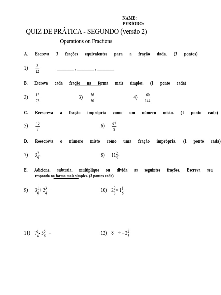 Quiz de Prática: Operações com Frações | PDF