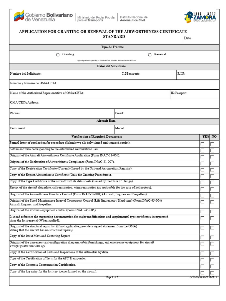 1.- Standard Airworthiness Certificate Granting or Renewal Application ...