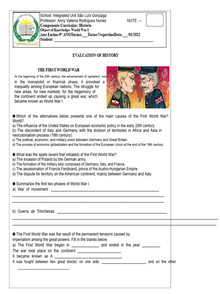 World War I Evaluation for 9th Grade History | PDF | World War I ...