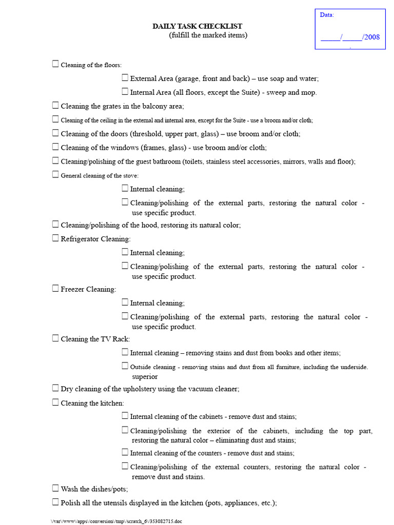 Daily Cleaning Task Checklist | PDF | Housekeeping | Home