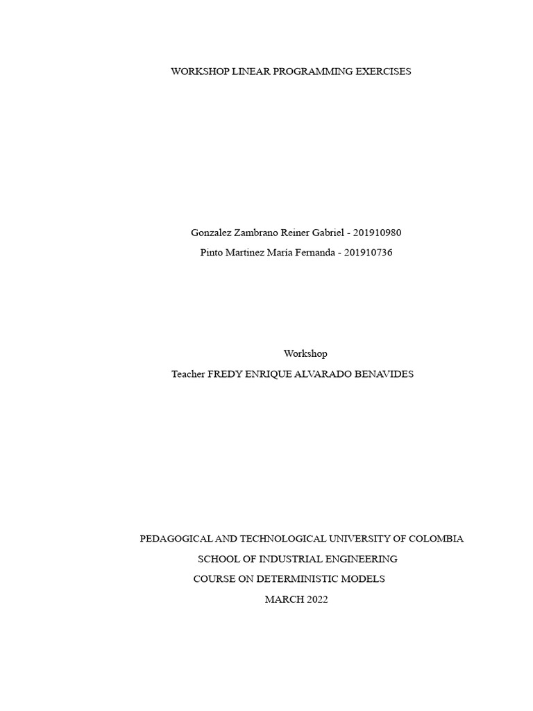 Workshop on Linear Programming Exercises | PDF