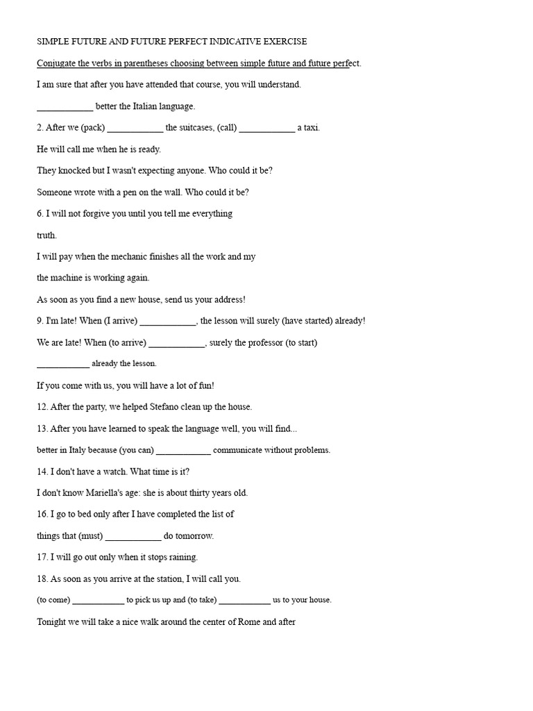 Indicative Future Simple and Future Perfect Exercise | PDF | Linguistic ...