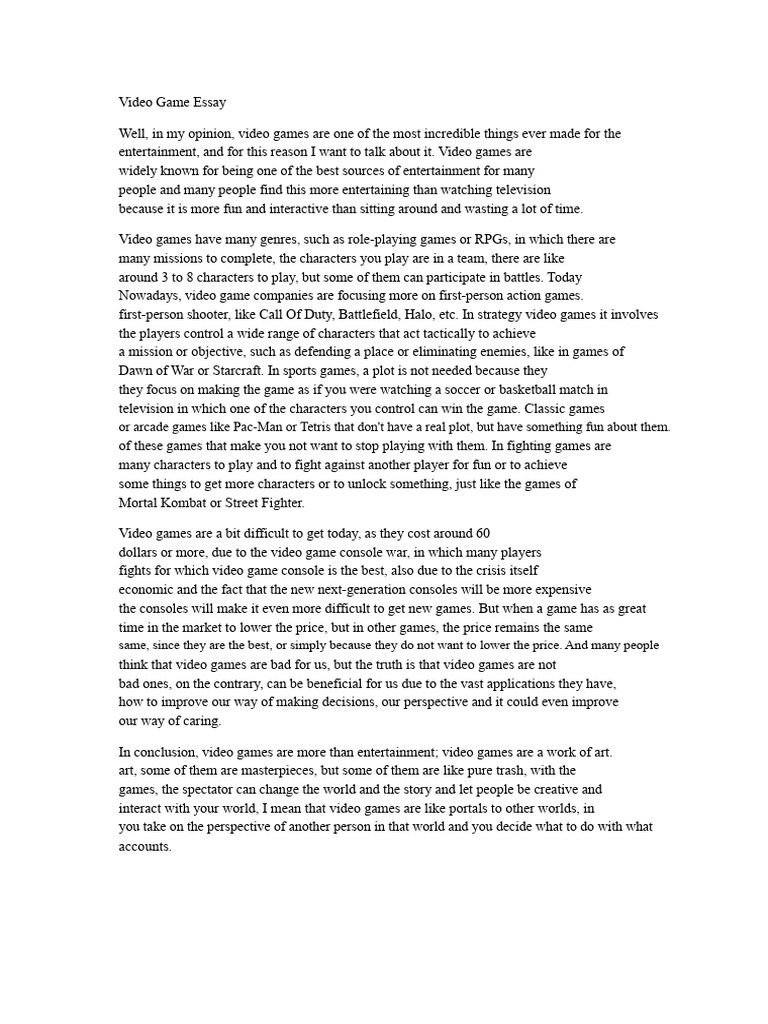 Essay on Video Games | PDF | Video Games | Entertainment