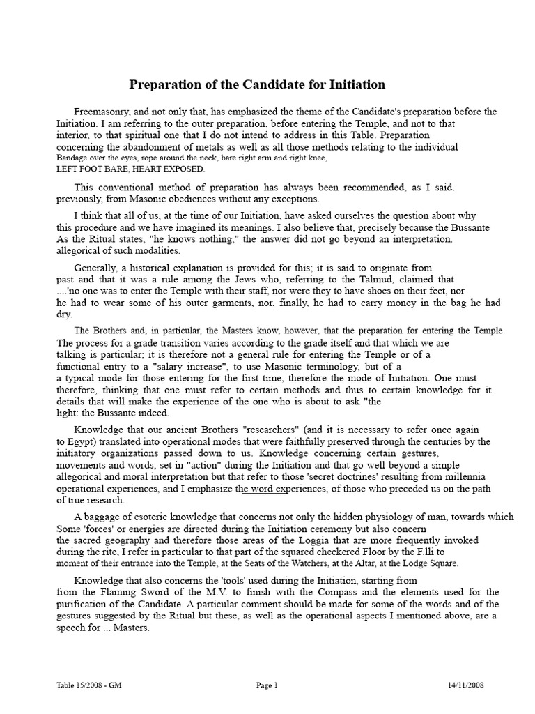 Masonic Candidate Initiation Preparation | PDF | Freemasonry | Western ...