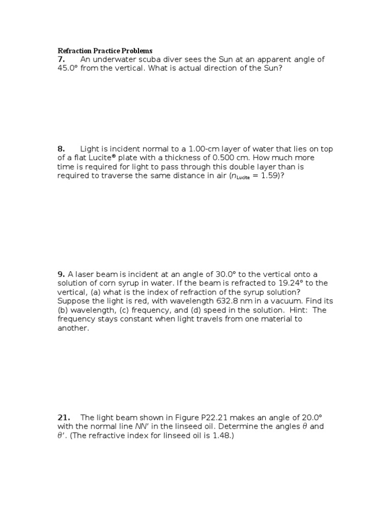 Refraction Practice Problems | PDF | Refraction | Refractive Index
