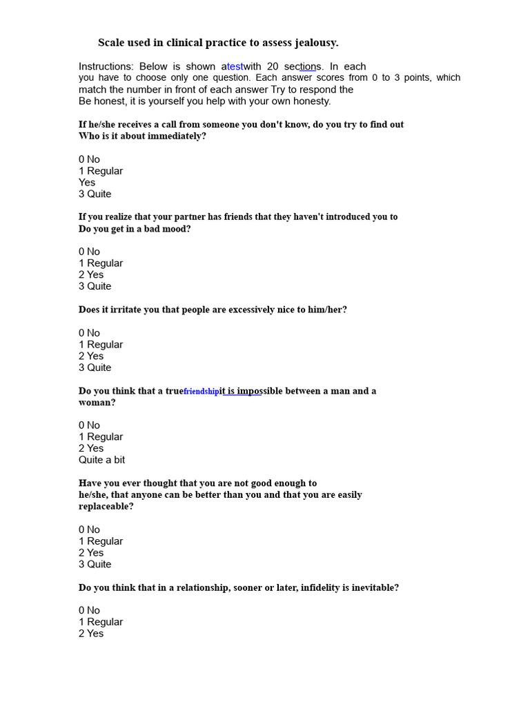 Clinical Jealousy Assessment Scale | PDF | Jealousy | Romance (Love)