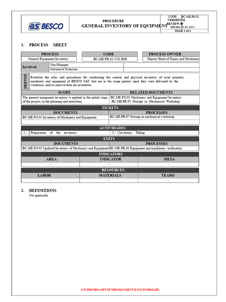 General Equipment Inventory Procedure | PDF | Inventory | Machines