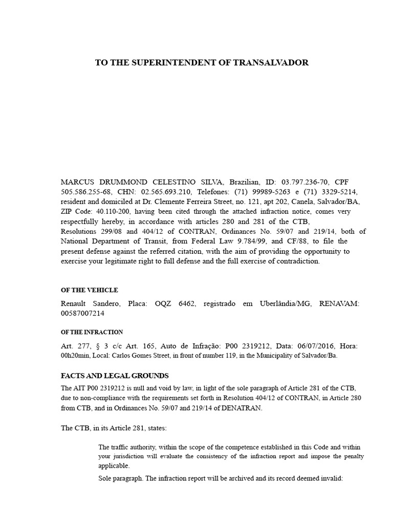 Defense Against Traffic Infraction Notice | PDF | Driving Under The ...